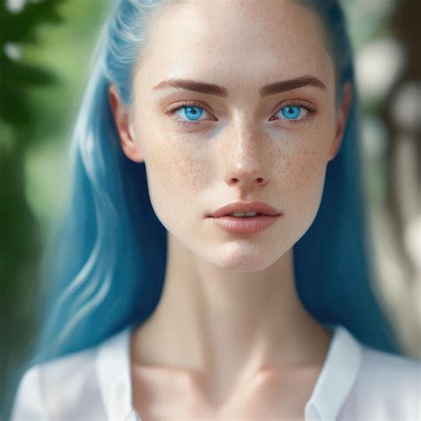 Premium Ai Image A Woman With Blue Hair And Blue Eyes Looks At The Camera