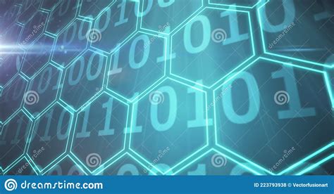 Image Of Binary Coding And Network Of Glowing Green Hexagons Stock