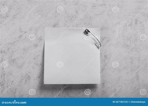 Paper Note With Safety Pin On Grey Textured Background Top View Stock Image Image Of Metal