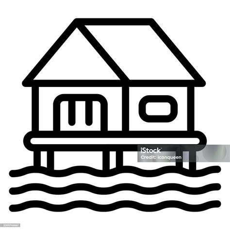 물 라인 아이콘 태국 리조트 개념에 말뚝에 코티지 하우스 벡터 그래픽입니다 베네치아 스타일의 집 표지판은 흰색 배경 스타일 모바일 또는 디자인입니다 건물 외관에 대한 스톡