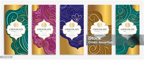 추상적인 스타일의 초콜릿 바 포장 디자인의 다채로운 세트 장식 요소와 벡터 고급 템플릿 배경 과 벽지에 사용할 수 있습니다 음식과 음료 패키지 유형에 적합합니다 0명에 대한