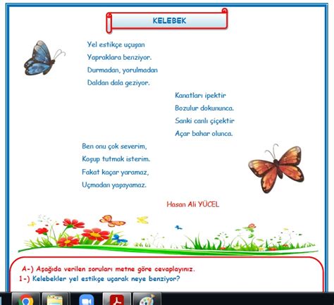 2 Sınıf Türkçe Kelebek Okuma Anlama Metin Çalışması Meb Ders
