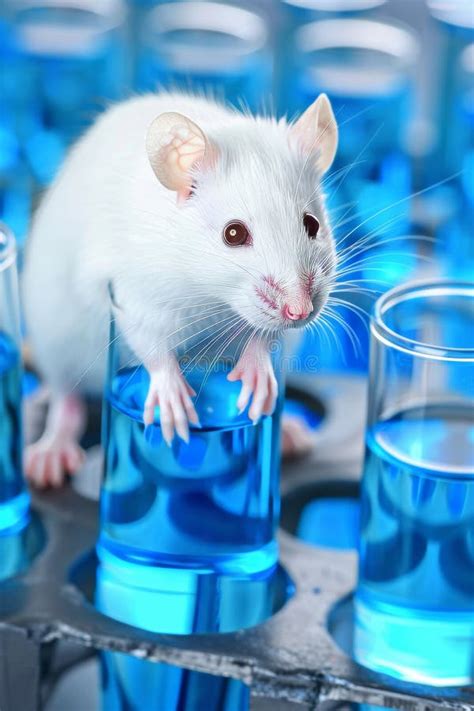 White Laboratory Mouse On Table With Copy Space Blurred Background For