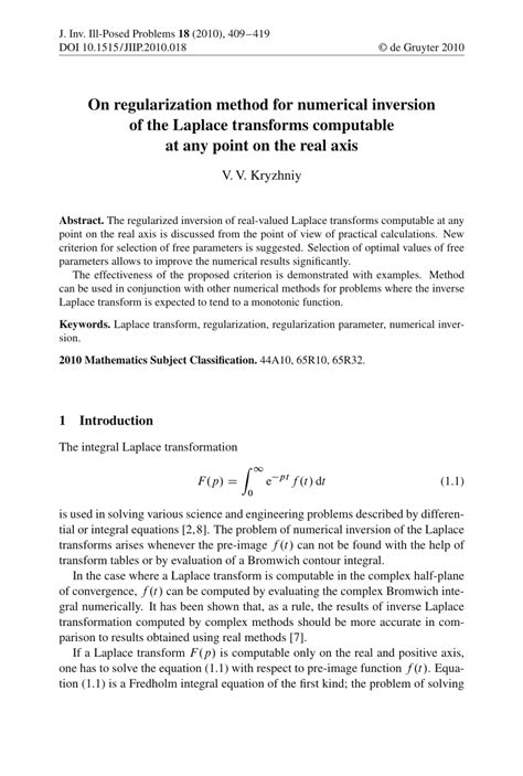 Pdf On Regularization Method For Numerical Inversion Of The Laplace Transforms Computable At