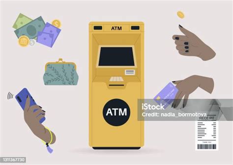 Atm 기계 종이 지폐 동전 신용 카드 및 지갑이있는 금융 스티커 팩 현금 자동 입출금기에 대한 스톡 벡터 아트 및 기타 이미지 현금 자동 입출금기 일러스트레이션