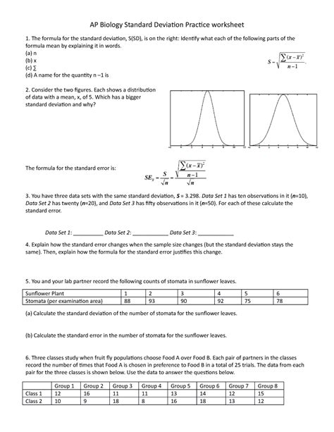 Ap Biology Standard Deviation Practice Worksheet A N B X C ∑ D A Name For The Quantity