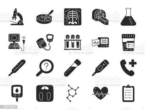 플랫 아이콘을 포함한 의료 검진 낙서 그림 그림 Xray 초음파 체크리스트 혈액 검사 페트리 접시 온도계 건강 진단 장비에 대한 글리프 실루엣 아트 블랙 컬러 아이콘에 대한