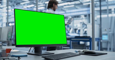 그린 스크린 모형 디스플레이가 있는 데스크탑 컴퓨터를 사용한 현대 산업 제조 과학실험실 첨단장비를 갖춘 공학연구소 로봇개발기술 개발에 대한 스톡 사진 및 기타 이미지