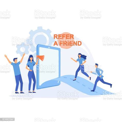 친구 개념을 추천하고 남자와 여자는 확성기로 스마트폰에서 나와 친구를 추천하고 플랫 벡터 현대 일러스트레이션 Brand Name Smart Phone에 대한 스톡 벡터 아트