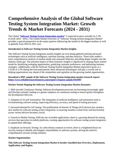 Reportprime Comprehensive Analysis Of The Global Software Testing System Integration Market