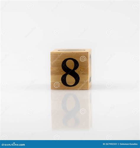 Number 8 Eight Wooden Cube With Number Isolated In White With Reflections Numeral Cubes With