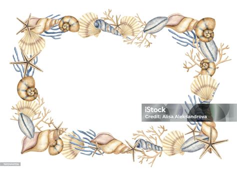 조개 직사각형 프레임입니다 손으로 그린 수채화 그림은 바다 조개껍데기와 불가사리가 있는 테두리를 흰색 고립된 배경에 그려 인사말