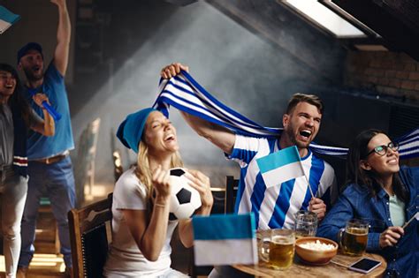 바에서 Tv로 축구 경기를 보면서 응원하는 쾌활한 팬들 바에 대한 스톡 사진 및 기타 이미지 바 Championship Tv 보기 Istock