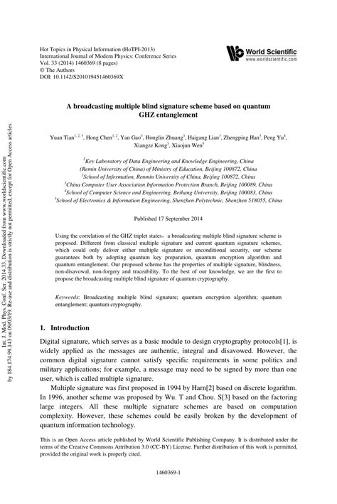 Pdf A Broadcasting Multiple Blind Signature Scheme Based On Quantum Ghz Entanglement