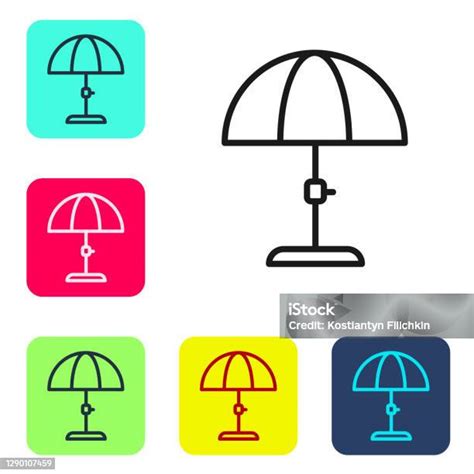 흰색 배경에 고립 된 해변 아이콘에 대한 검은 줄 태양 보호 우산 야외 공간을위한 큰 파라솔 해변 우산 색상 정사각형 단추로