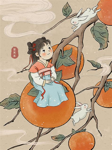 原创国风插画 柿子树上的女孩童米米 站酷zcool