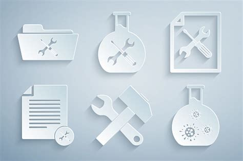 교차 망치와 렌치 파일 문서 서비스 바이러스 생명 공학 및 폴더 아이콘 테스트 튜브를 설정합니다 벡터 3차원 형태에 대한 스톡 벡터 아트 및 기타 이미지 Istock