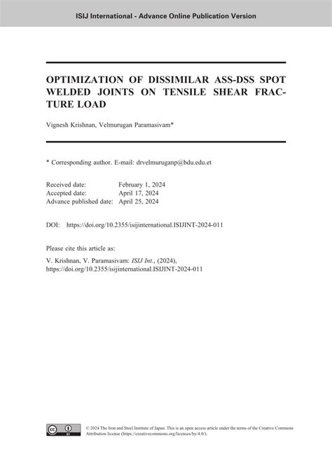 Pdf Optimization Of Dissimilar Ass Dss Spot Welded Joints On Tensile Shear Fracture Load