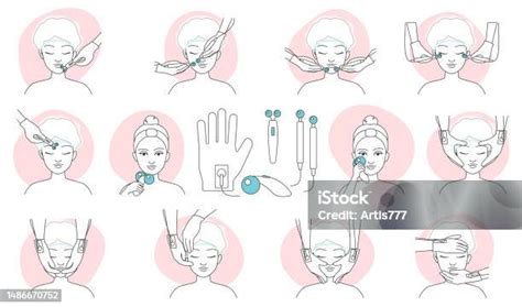 미세 전류 치료 인포 그래픽 라인 아이콘 세트 미용사 마사지 얼굴 피부의 손 손에 대한 스톡 벡터 아트 및 기타 이미지 손