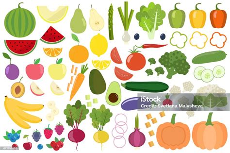 신선한 건강 한 야채 딸기 과일 세트 과일과 야채 조각 평면 디자인입니다 유기 농장 그림입니다 0명에 대한 스톡 벡터 아트 및 기타 이미지 Istock