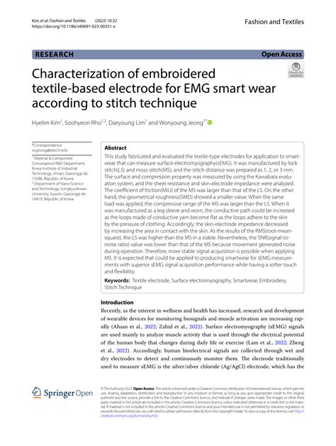 Pdf Characterization Of Embroidered Textile Based Electrode For Emg Smart Wear According To