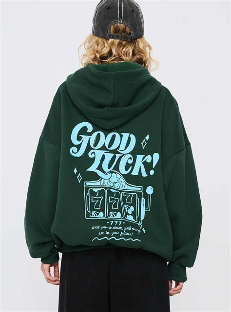 Good Luck Graphic Hoodie Green Blue Princess Polly