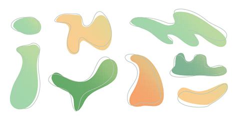 옐로우 그린 액체 하프 톤 물방울 물방울 물 모양 세트 스플래시 컬렉션 페인트 스폿 얼룩 비 웅덩이 기름 얼룩 불규칙한 추상적인 그래픽 디자인 요소 투명한 배경 벡터 일러스