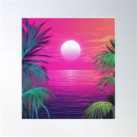 Neon Shoreline Serenity Vibrant Sunset By The Beach Poster Wall Art