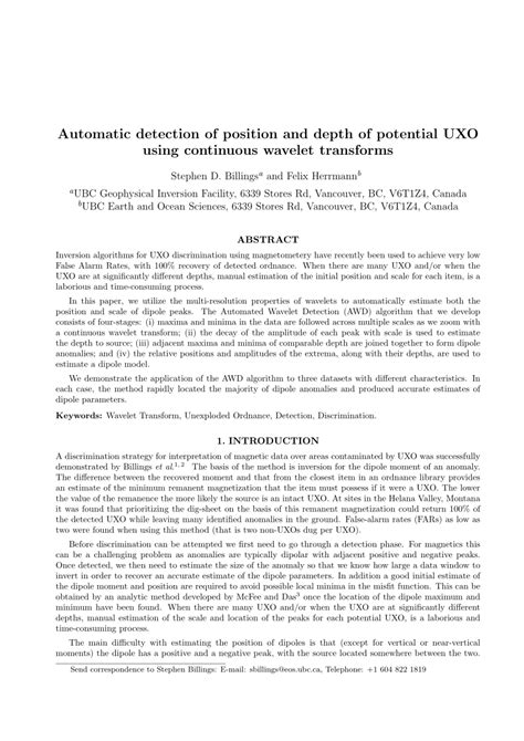 Pdf Automatic Detection Of Position And Depth Of Potential Uxo Using Continuous Wavelet Transforms