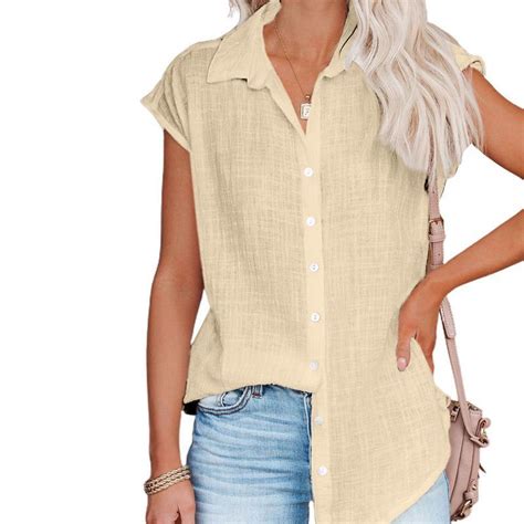 Купити Літні бавовняні лляні однотонні блузки з коротким рукавом і відкладним коміром Жіночі