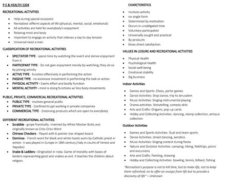 Pe Health Notes Pe Health Notes P And Health 1204 Recreational