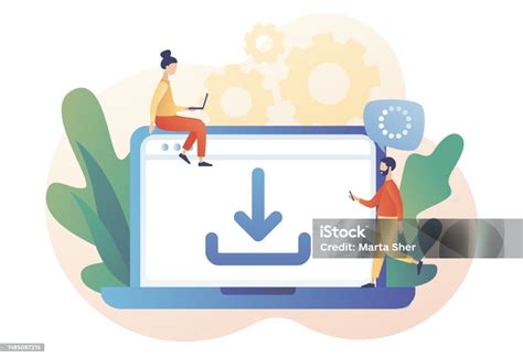 다운로드 개념입니다 설치 기호 노트북에 데이터 파일을 다운로드하는 작은 사람들 로드 기호 현대 평면 만화 스타일입니다 흰색 배경에 벡터 그림 개념에 대한 스톡 벡터 아트 및