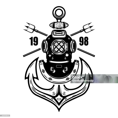 닻과 삼지창이 있는 빈티지 다이버 헬멧 닻이 있는 해상 다이빙 헬멧 세일러 엠블럼 디자인 요소 개념에 대한 스톡 벡터 아트 및 기타 이미지 Istock