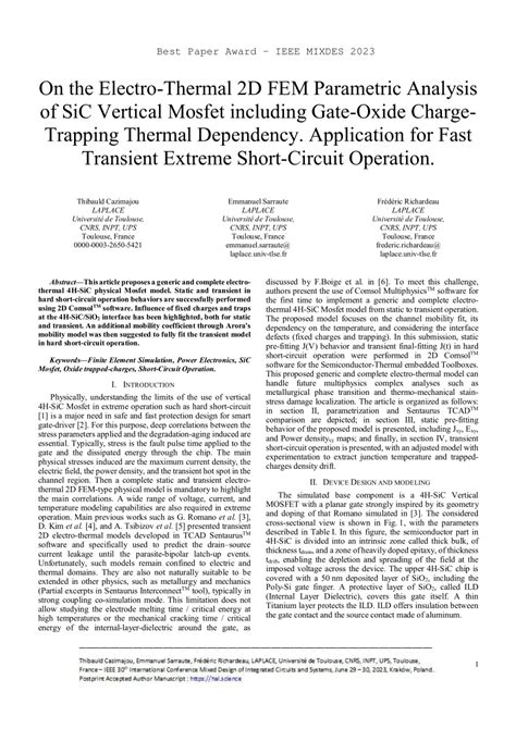 Pdf Best Paper Award On The Electro Thermal 2d Fem Parametric Analysis Of Sic Vertical