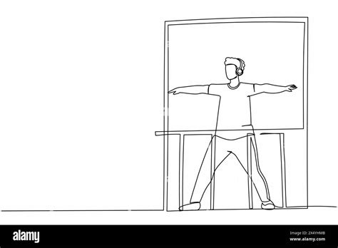 Continuous One Line Drawing Healthy Man With Headphone Practices Yoga Near Window Or Balcony