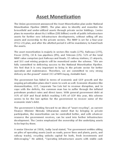 Asset Monetization Pdf Infrastructure Government Budget Balance