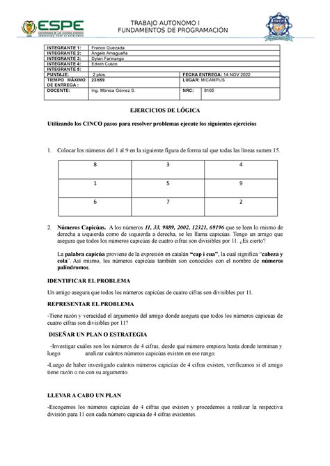 G3 Ejercicios De Logica Fundamentos De ProgramaciÓn Ejercicios De LÓgica Utilizando Los Cinco
