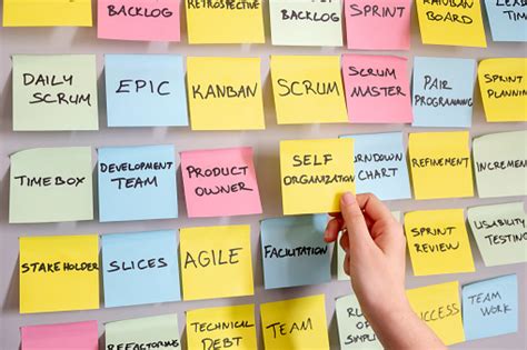 민첩 한 개발 방법 프로젝트 기획 여자 손에서 자기 조직 노트 스크럼에 대한 스톡 사진 및 기타 이미지 스크럼 애자일
