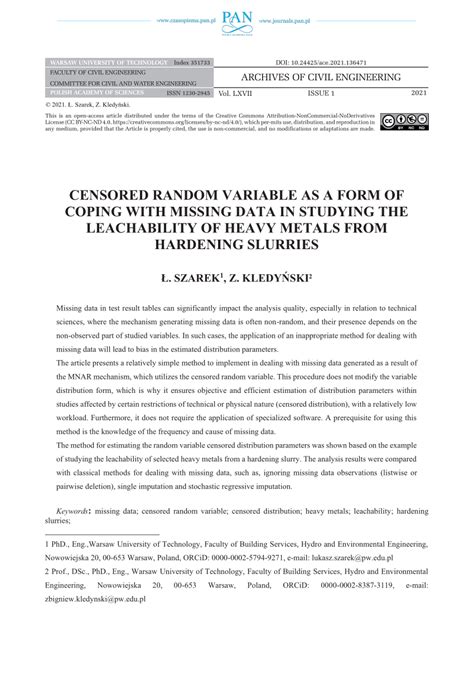 Pdf Censored Random Variable As A Form Of Coping With Missing Data In