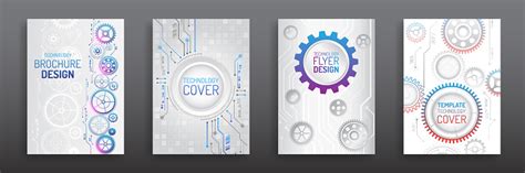 현대 과학 및 디지털 기술 개념 브로셔또는 기어 기계 요소 배경으로 커버를 위한 벡터 템플릿 파란색 레이아웃 미래 브로셔 전단지 플래카드 0명에 대한 스톡 벡터 아트 및