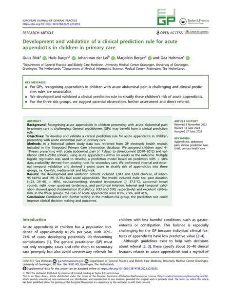 Pdf Development And Validation Of A Clinical Prediction Rule For Acute Appendicitis In