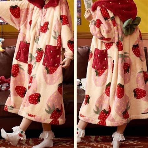 Kqcqz Cute Strawberry Pajama Set For Women Cozy Flannel Robe Soft