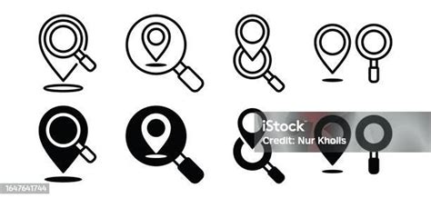 로컬 Seo 아이콘이 설정되었습니다 지도 핀 위치 장소 마커 포인터 가는 선과 평면 스타일의 돋보기 아이콘 기호가 있는 Gps 벡터 그림 0명에 대한 스톡 벡터 아트 및