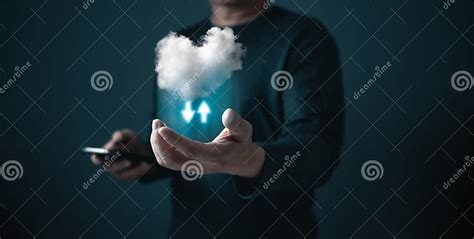 Man Hold Cloud Computing System Diagram Show On Handdata Storage Stock