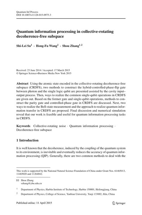 Pdf Quantum Information Processing In Collective Rotating Decoherence Free Subspace