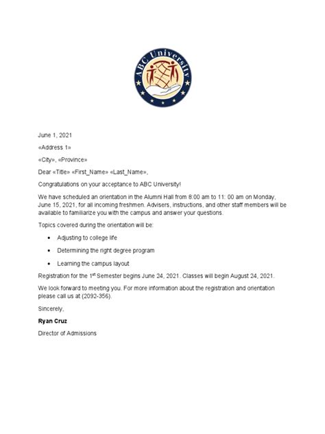 Orientation Letter Pdf