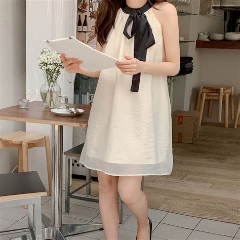 아더먼데이 하객룩💗숏버전롱버전 홀터넥 배색 리본 쉬폰원피스 타이 나시원피스 미니 여름원피스 샤원피스 발레코어 파티룩 임산부