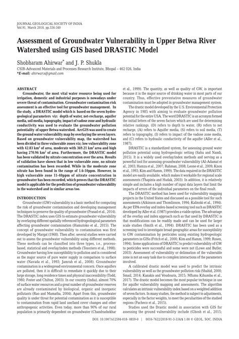 Pdf Assessment Of Groundwater Vulnerability In Upper Betwa River Watershed Using Gis Based