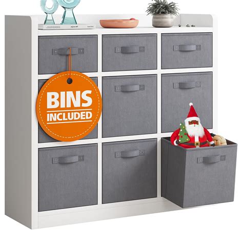 Enhomee Wooden 9 Cube Storage Organizer Shelf Unit With Bins For Home White Finish