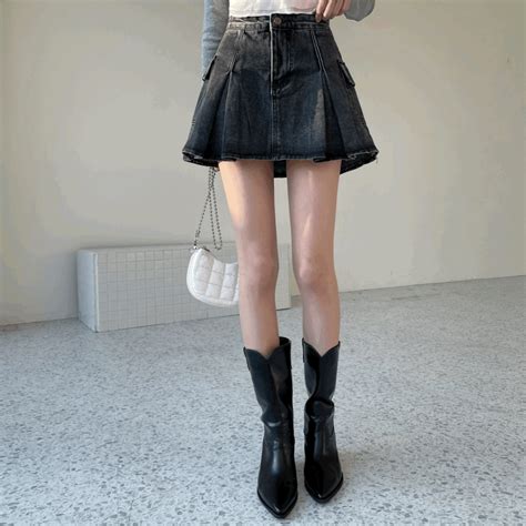 Y2k 흑청 데님 플리츠 절개 A라인 미니스커트 숏치마 로우웨스트 S M L 새내기룩 공연룩 개강룩 에이블리